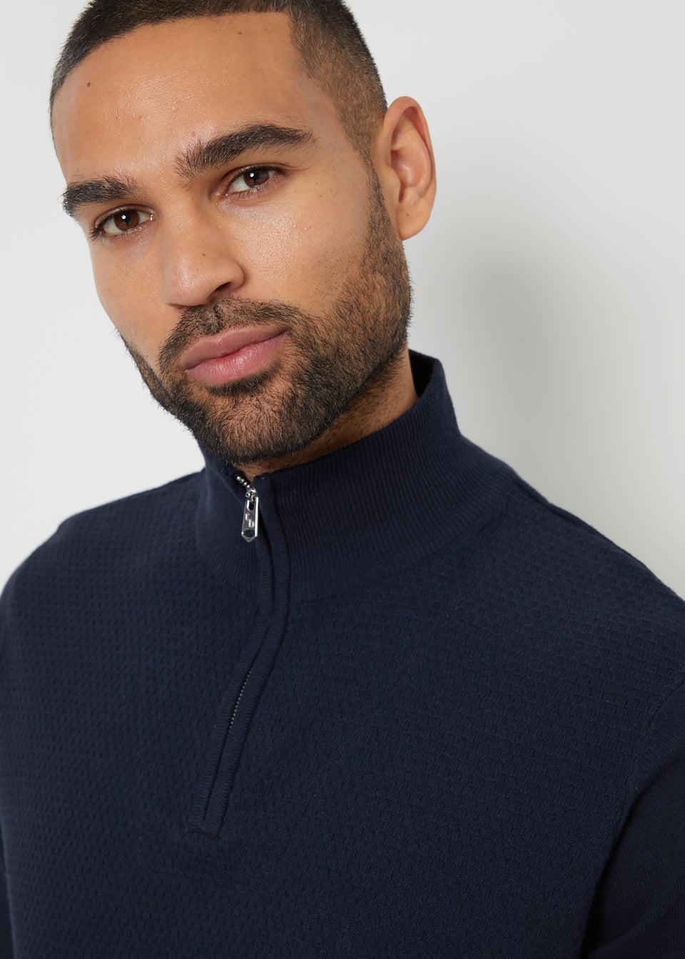 Threadbare Navy Basket Stitch Mock T-Shirt Quarter Zip Jumper - Matalan