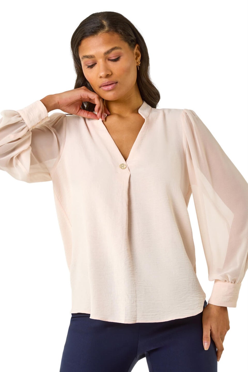 Roman Light Pink Chiffon Sleeve V-Neck Pleated Top - Matalan