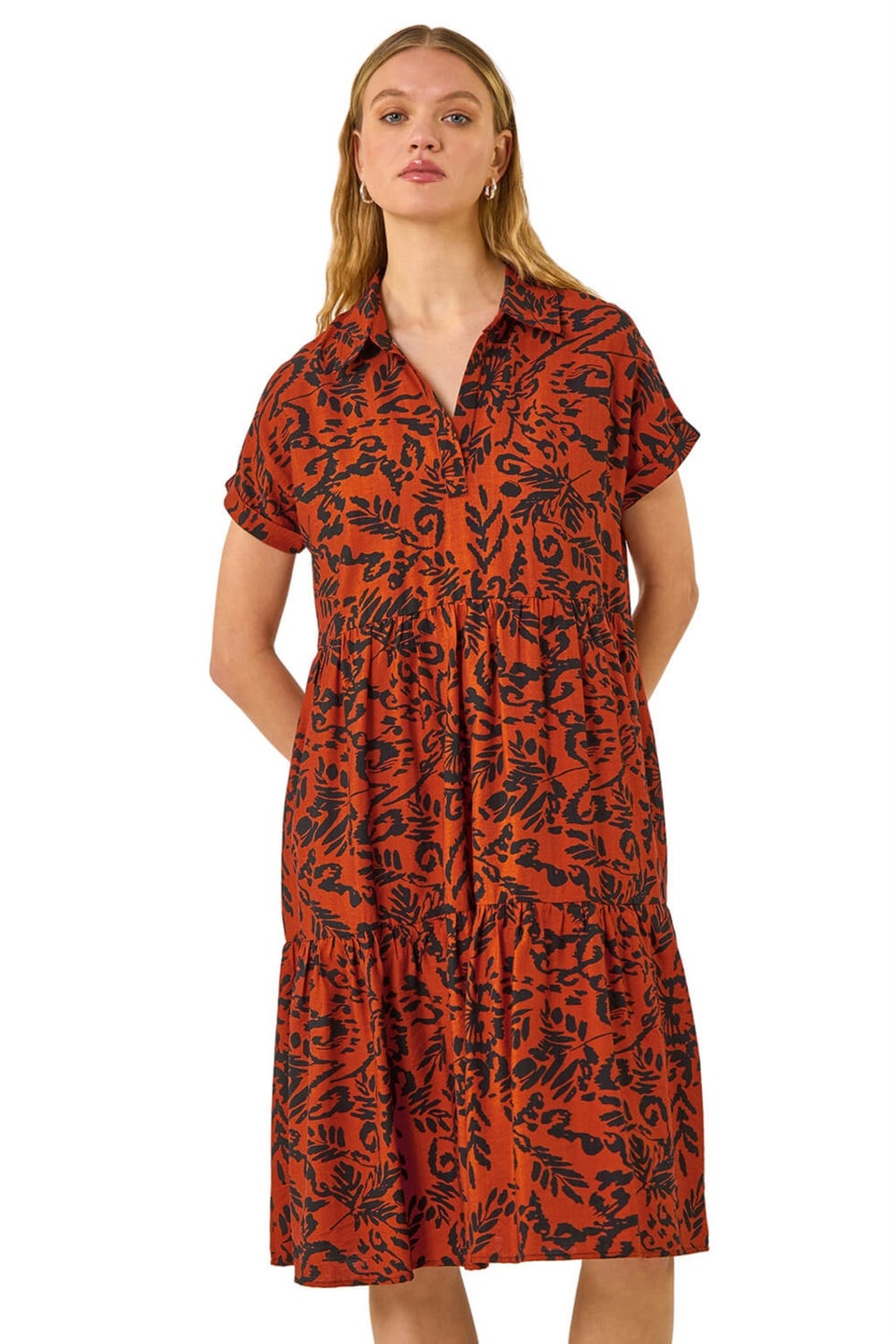Roman Rust Leaf Print Collared Smock Dress - Matalan