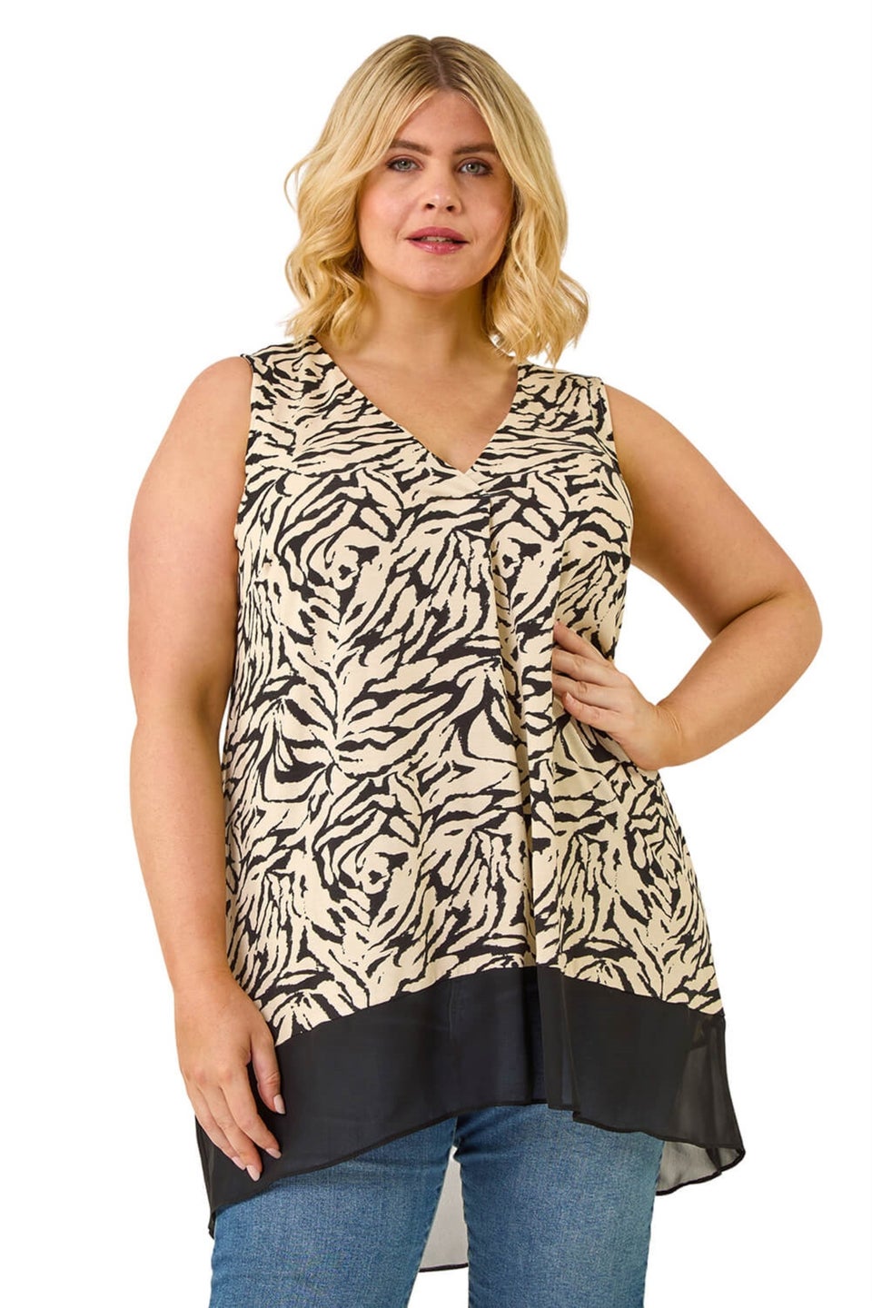 Roman Black Curve Animal Print Chiffon Hem Vest Top - Matalan