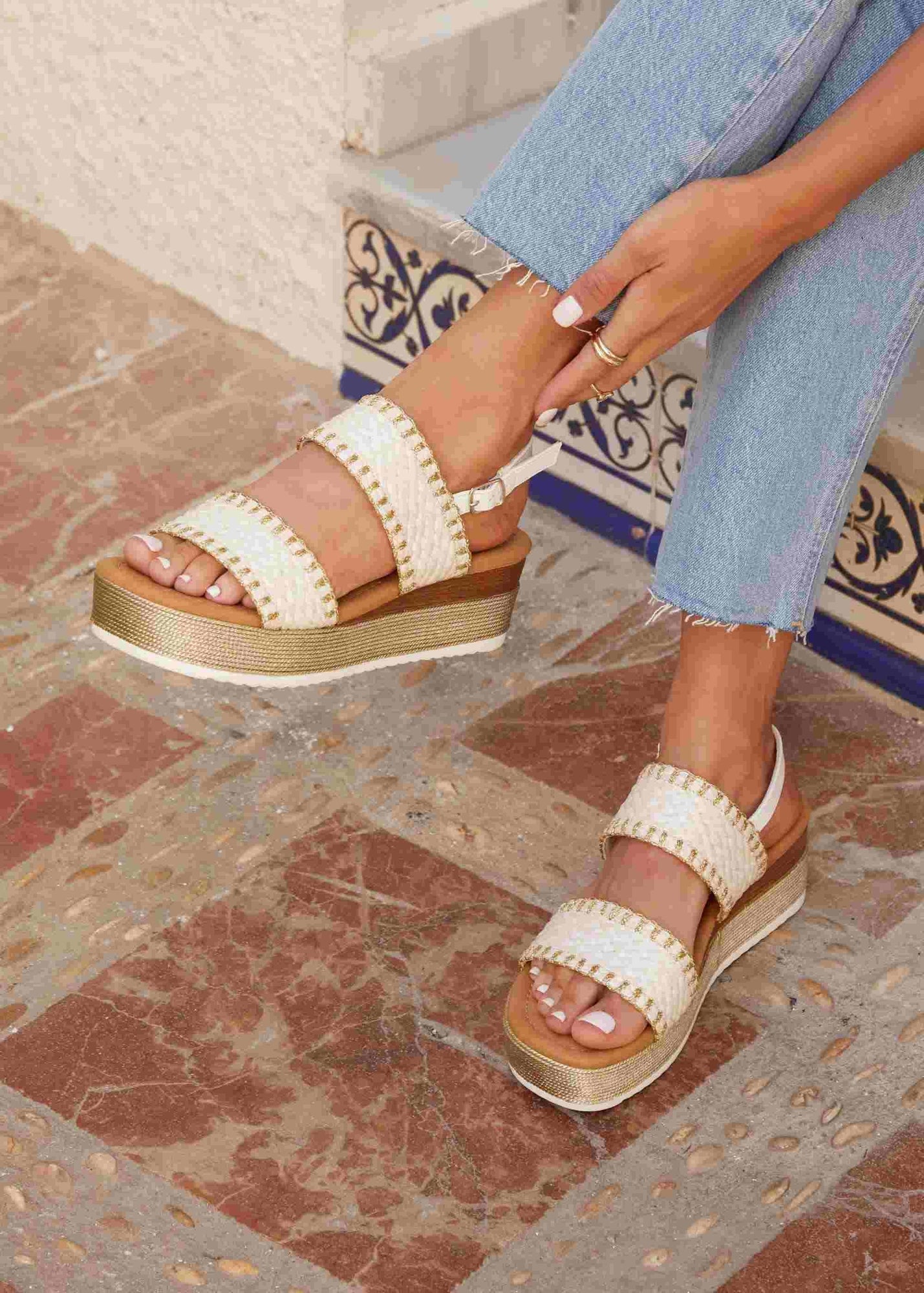 Linzi Willow White & Gold Crochet Inspired Two Part Flatform Sandal ...