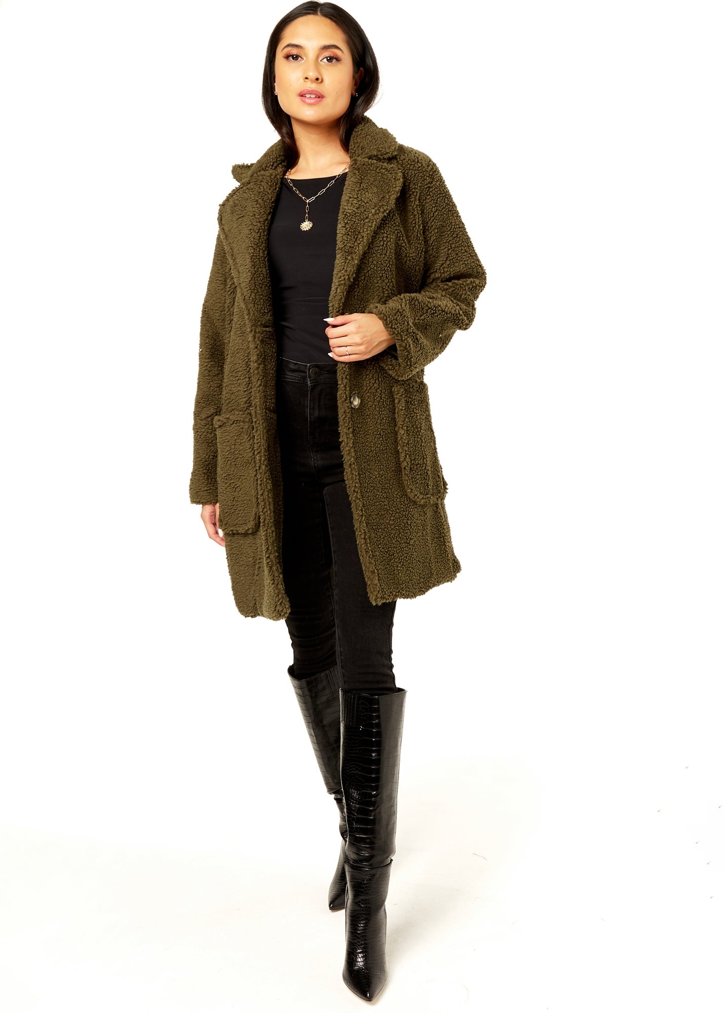 Gini London Khaki Faux Fur Longline Teddy Overcoat - Large/Extra Large