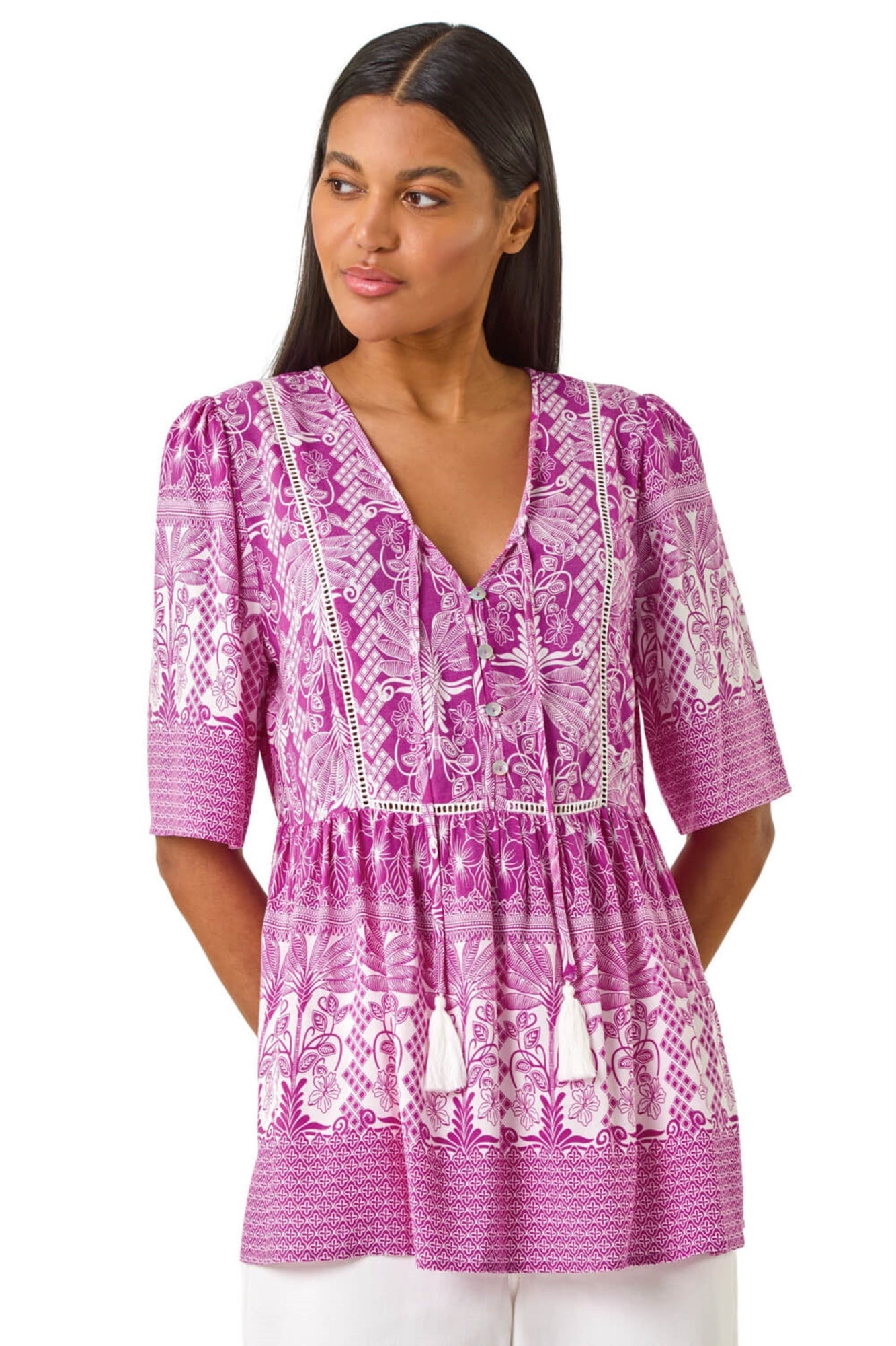 Roman Purple Abstract Print Tassel Top - Size 14