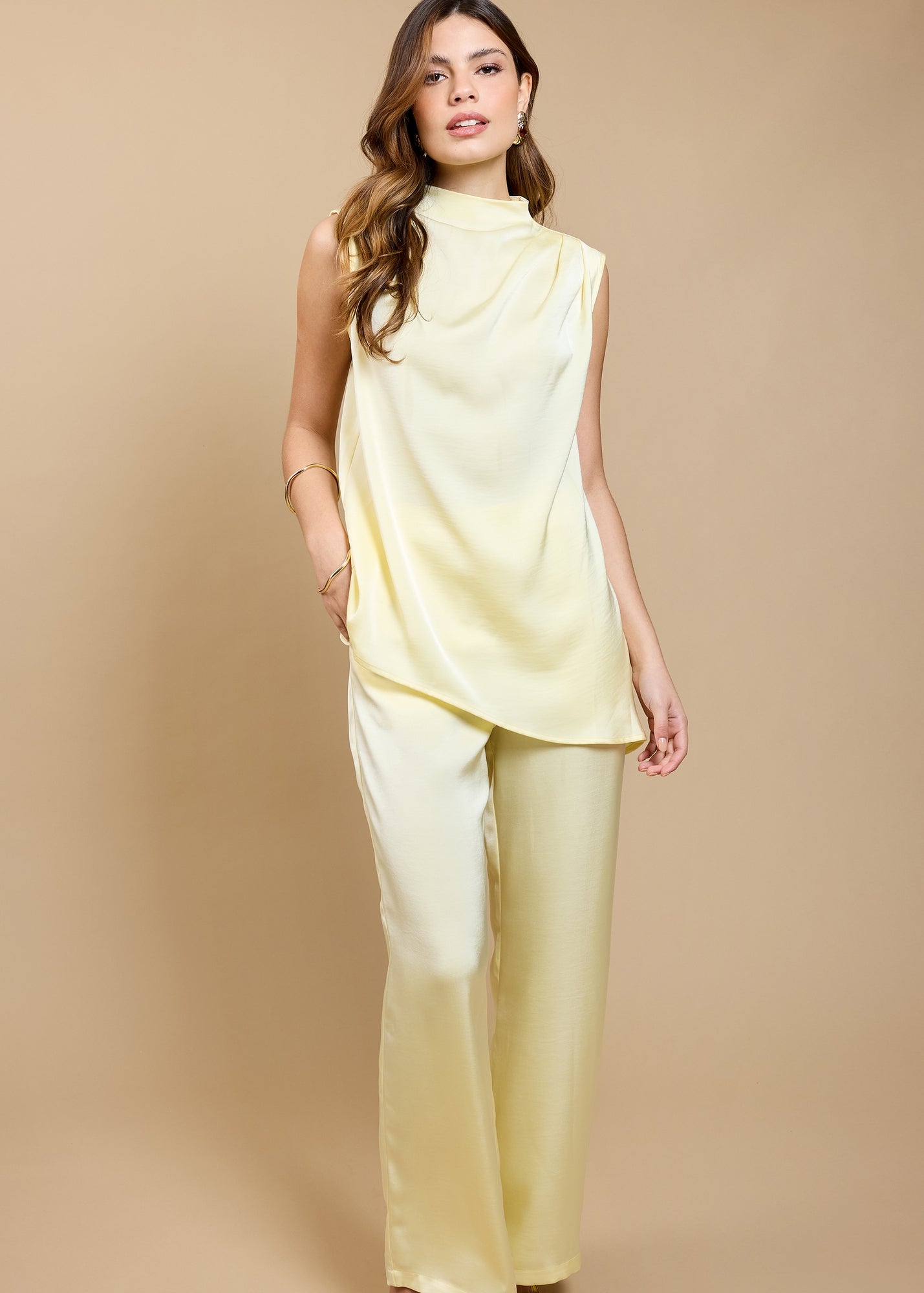 Little Mistress Lemon Satin Wide Leg Trousers by Vicky Pattison - 12 ...