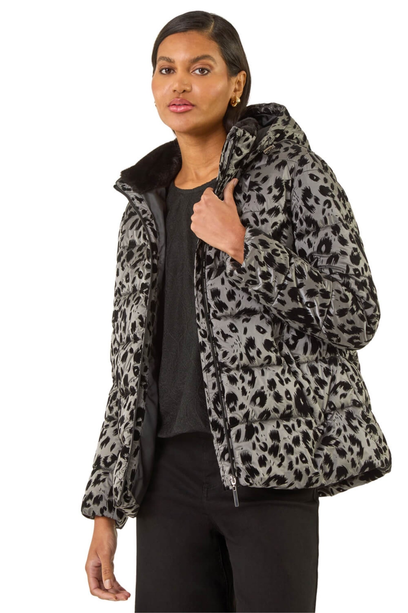 Roman Grey Animal Print Flocked Hooded Coat - 14 | Matalan