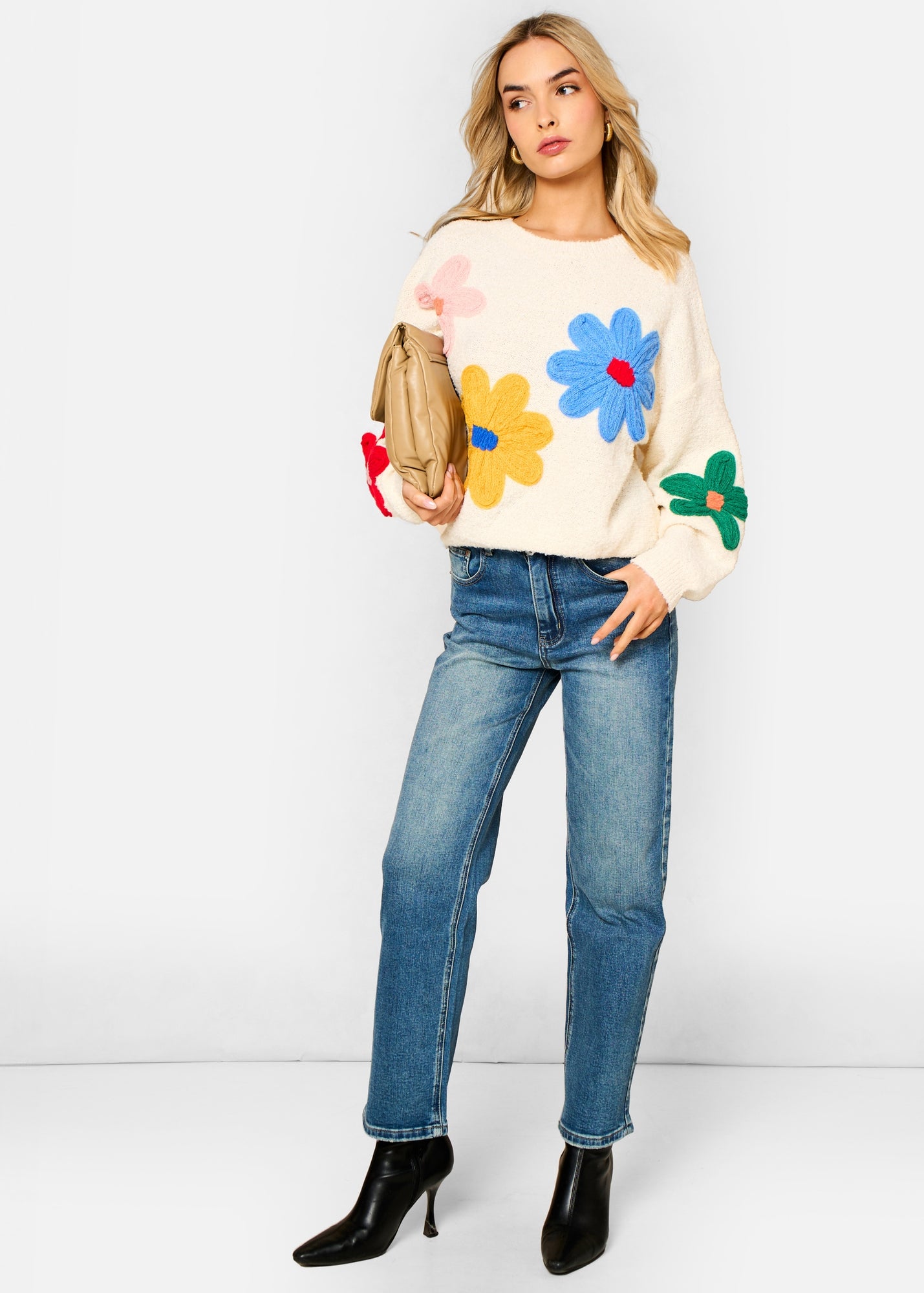 Gini London Cream 3D Flower Crochet Knitted Jumper - S/M