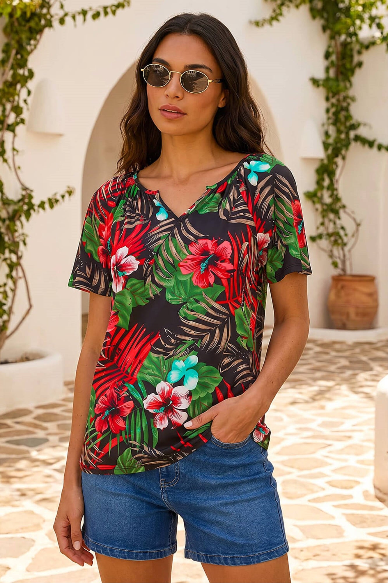 Roman Coral Textured Floral Print V-Neck Top - 14 | Matalan
